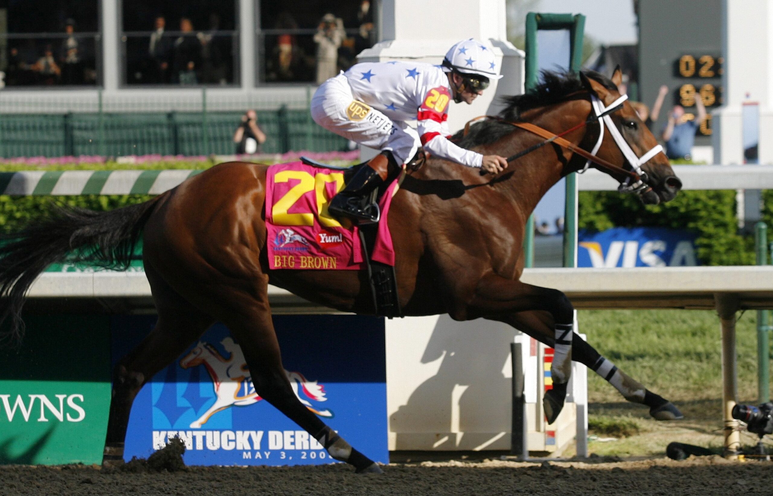 Jockey Desormeaux aboard Big Brown crosses the finish line to win the ...